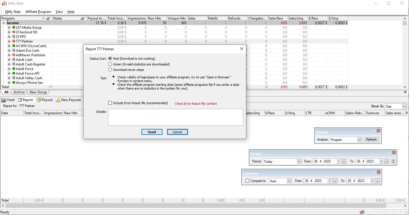 A handy feature to report a broken affiliate programs - Nifty Stats